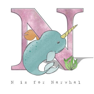 N is for Narwhale - Alphabet Illustration Print, Nursery Art, Kid's ...