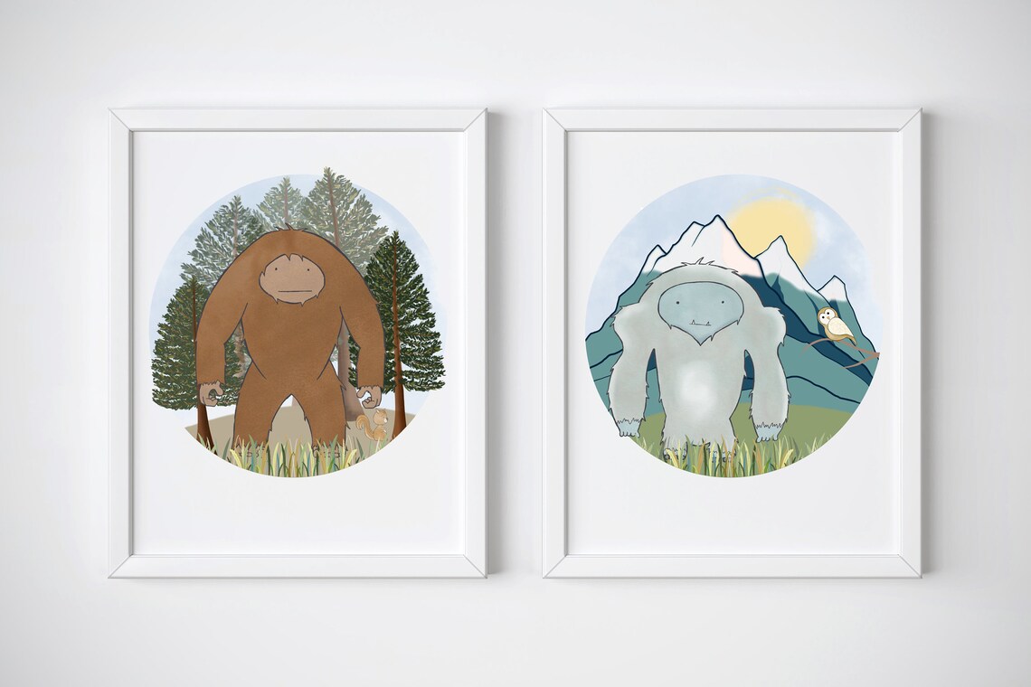 Yeti & Bigfoot Illustration Art Print Set of 2 Cute Mythical | Etsy