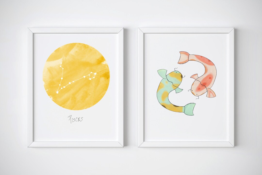 Zodiac Sign of Pisces, Fish Symbol Watercolor Astrology Art Print Set ...