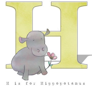 H is for Hippopotamus - Alphabet Illustration Print, Nursery Art, Kid's ...