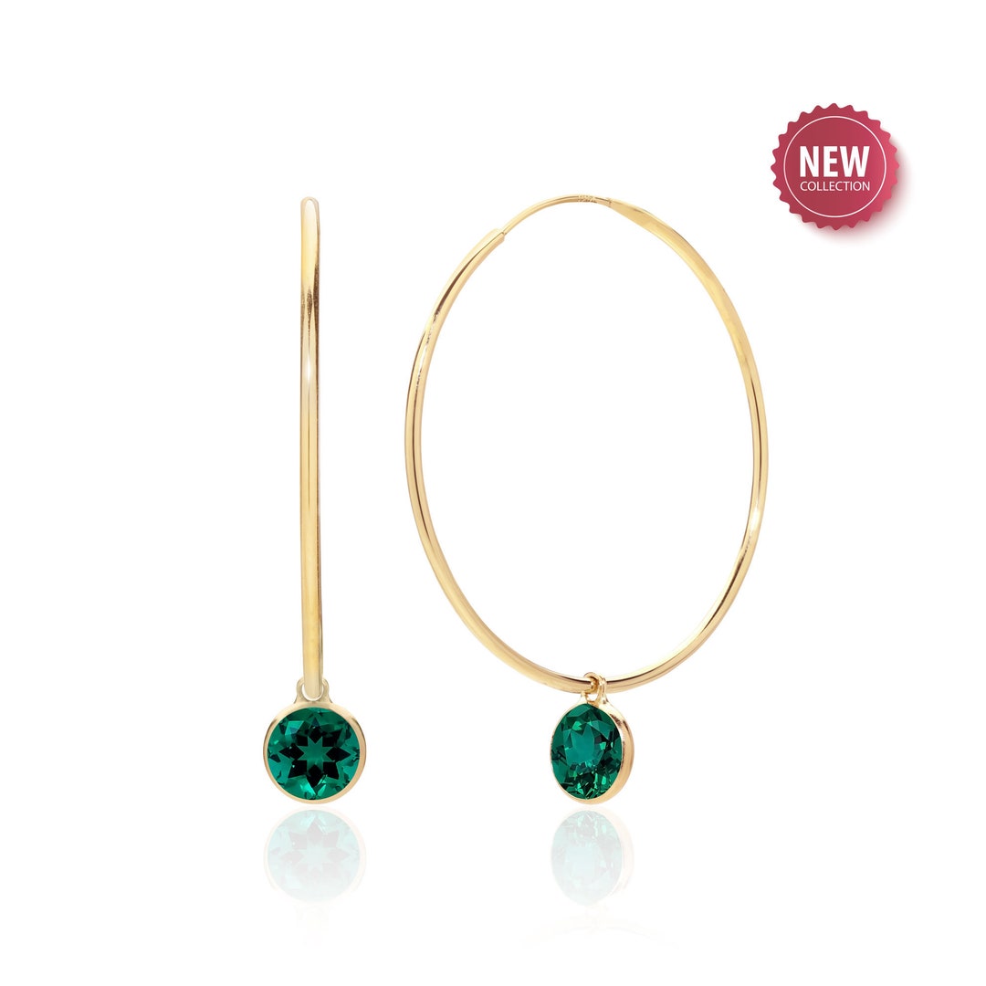 Emerald Hoop Earrings in 14K Gold, Lab Created Emerald Jewelry, May ...