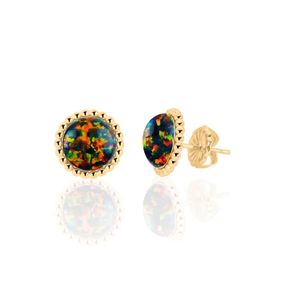 Black Fire Opal Stud Earrings in 14K Gold Filled, Lab Created Opal ...