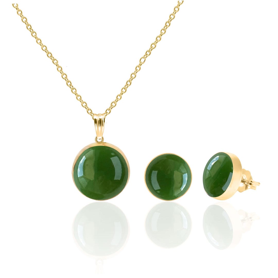 14K Gold-filled Jade Jewelry Set | Green Jade Pendant Necklace & Stud ...