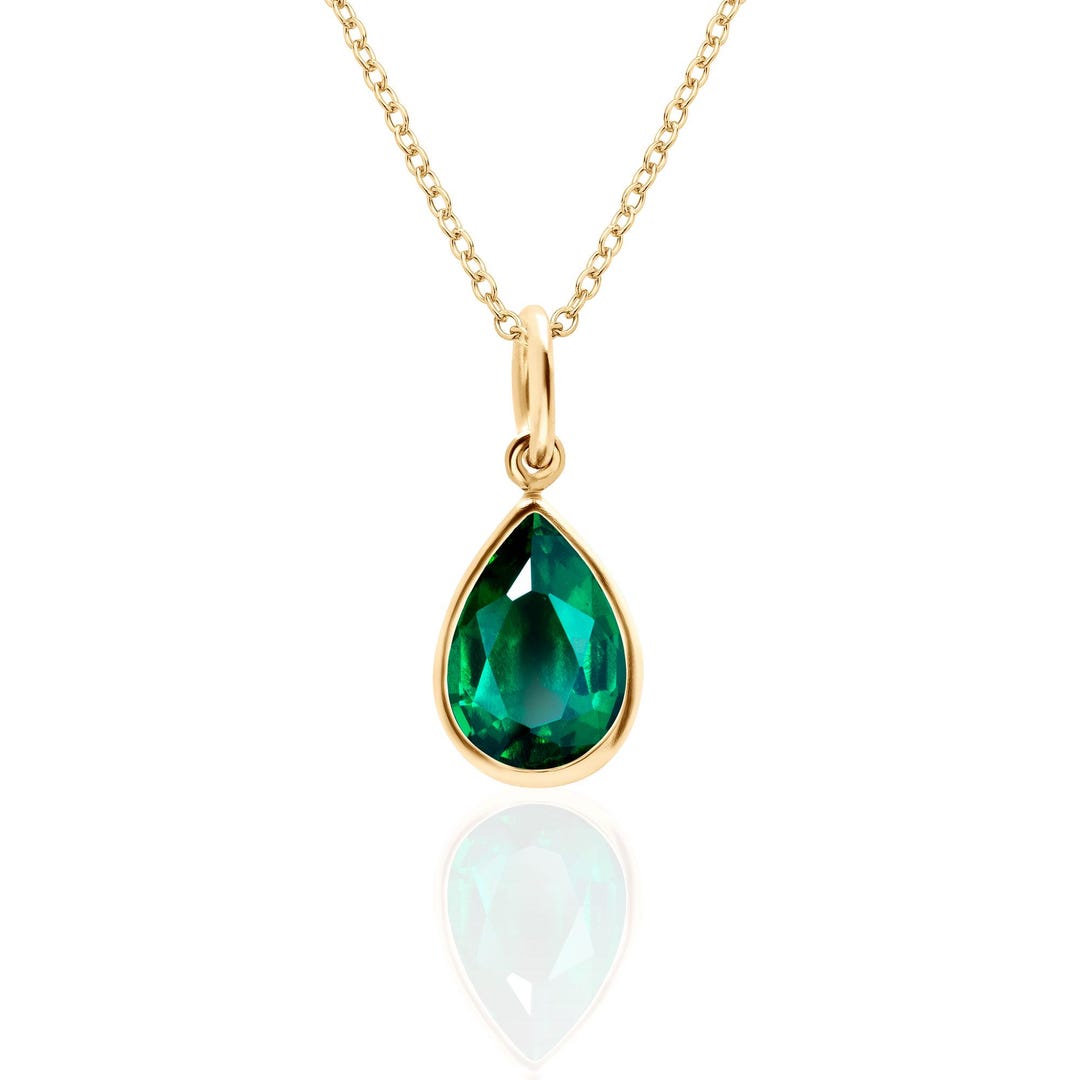 Emerald Teardrop Necklace in 14K Gold Filled or Sterling Silver, Lab Created Emerald, May ...