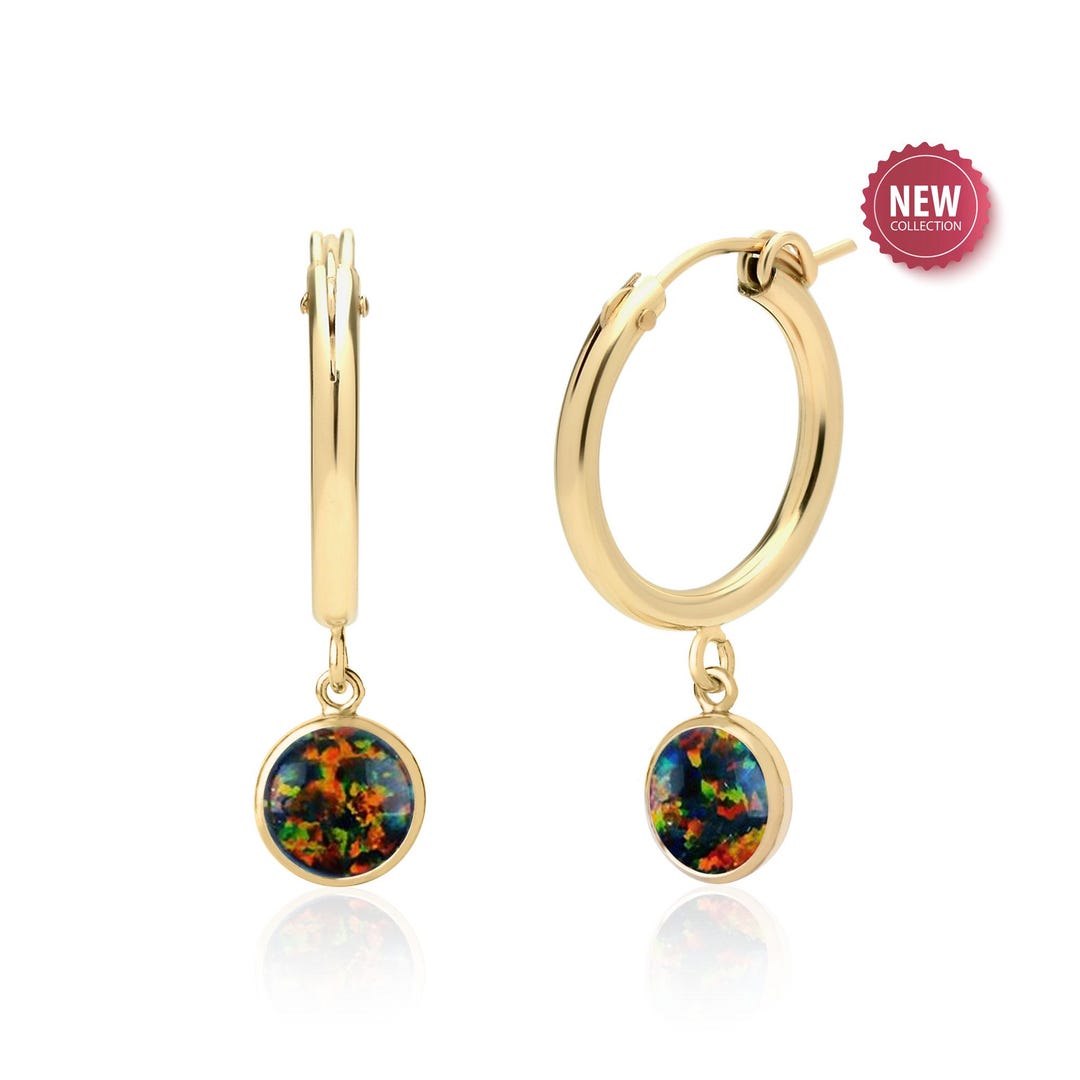 Dainty Black Fire Opal Hoop Earrings 14K Gold Filled, Lab Created Opal ...