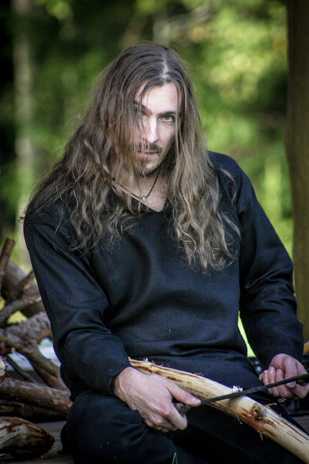 Black Linen Shirt for Men Folk Metal Clothing Viking Tunic Dress With ...