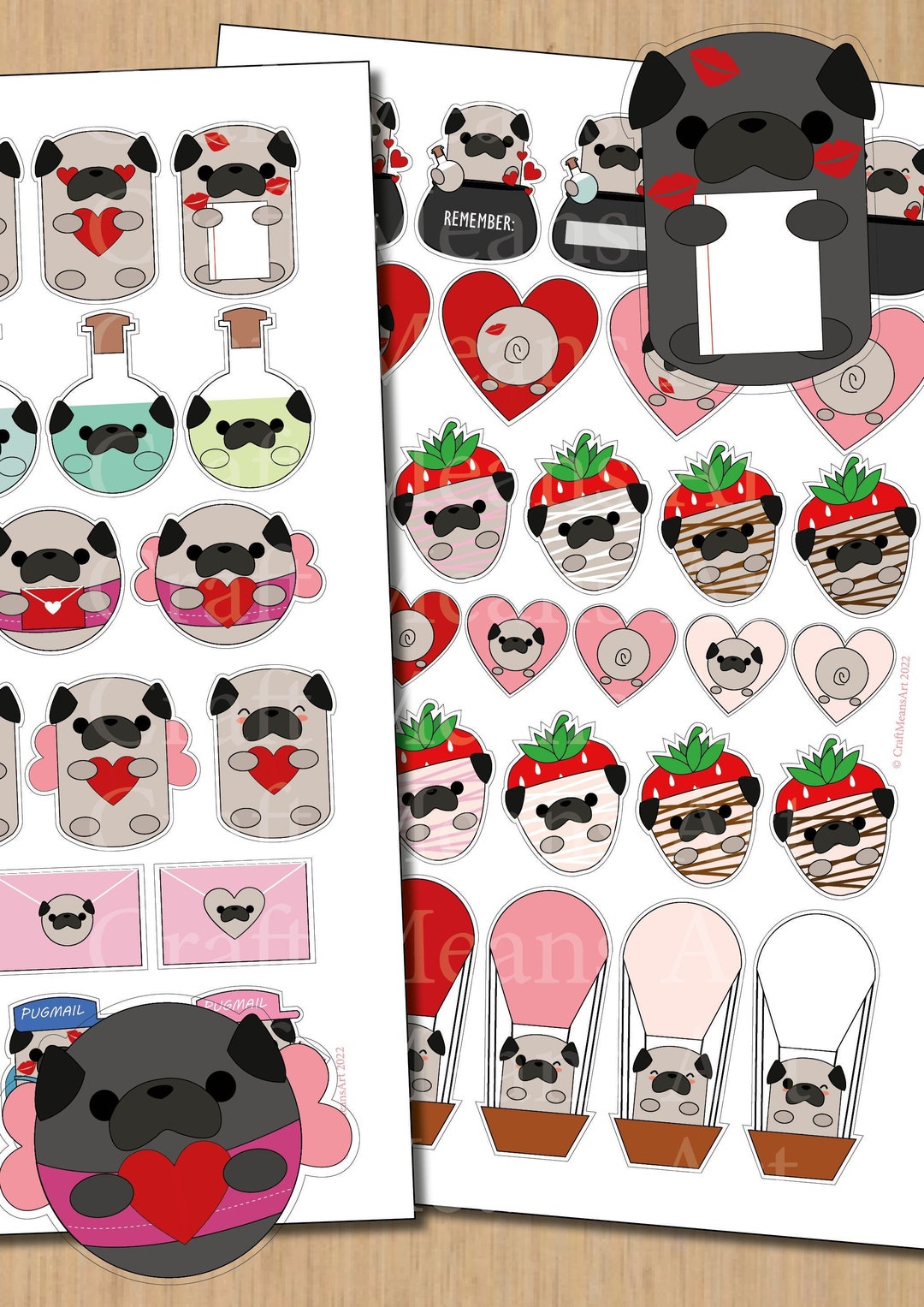 4x DIGITAL Printable Sheets: Valentine's Pug Stickers A4 and A5 - Etsy