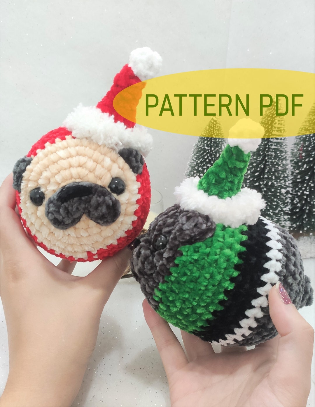 Santa & Elf Pug Plush Crochet PATTERN! Amigurumi Pug Plushie Toy in ...