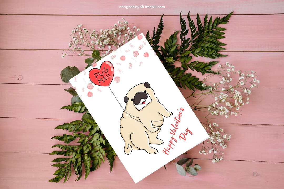 Valentine's Day Pug Card | Pug Mail With Heart Ballon Greeting Card - Etsy