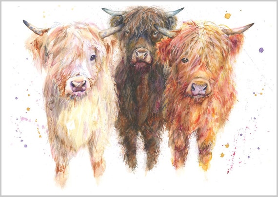 THREE HIGHLAND COW Print Watercolour | Etsy