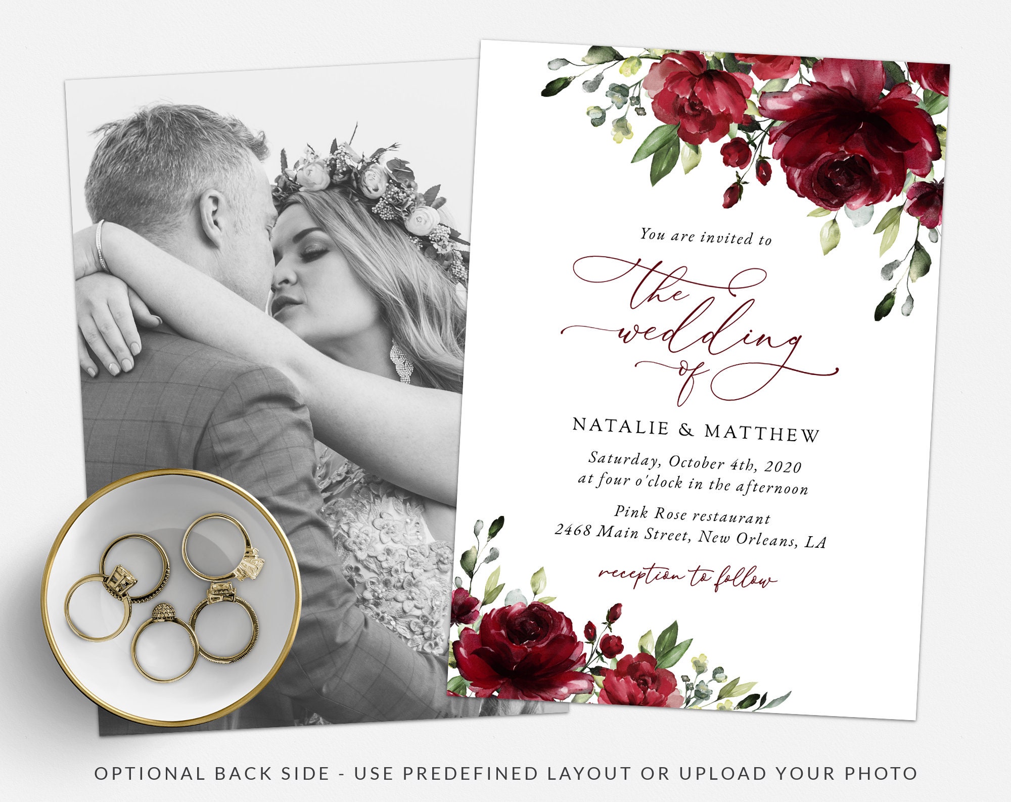 Floral Wedding Invitation Burgundy Flowers Red Flowers - Etsy