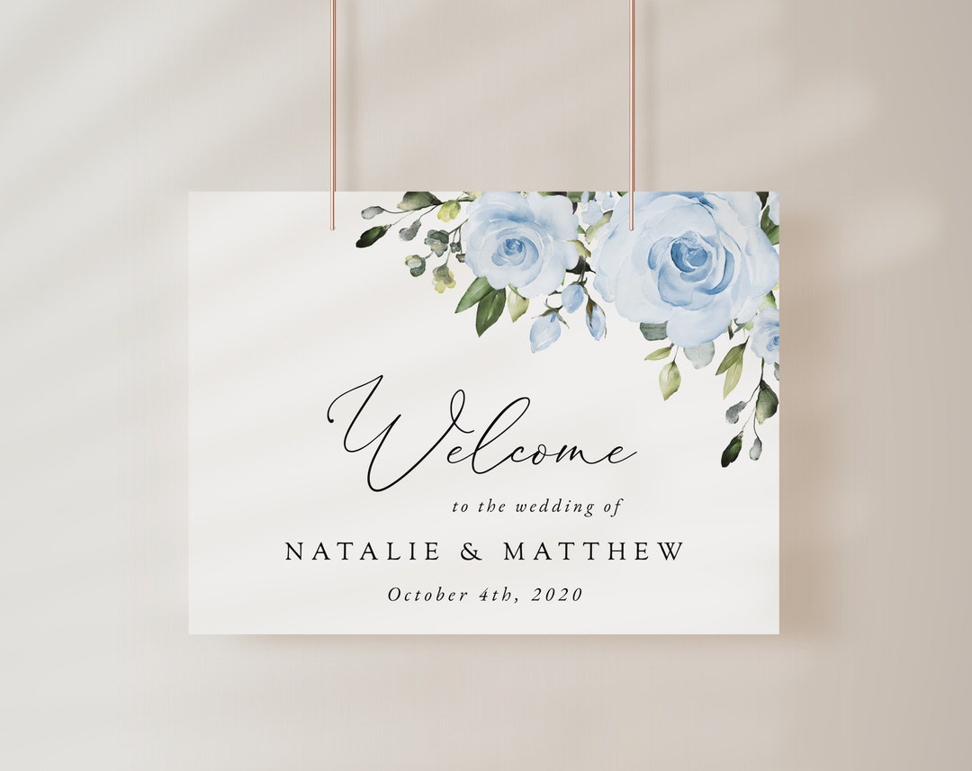 Dusty Blue Flowers, Floral Wedding Sign, Wedding Welcome Sign, Greenery ...