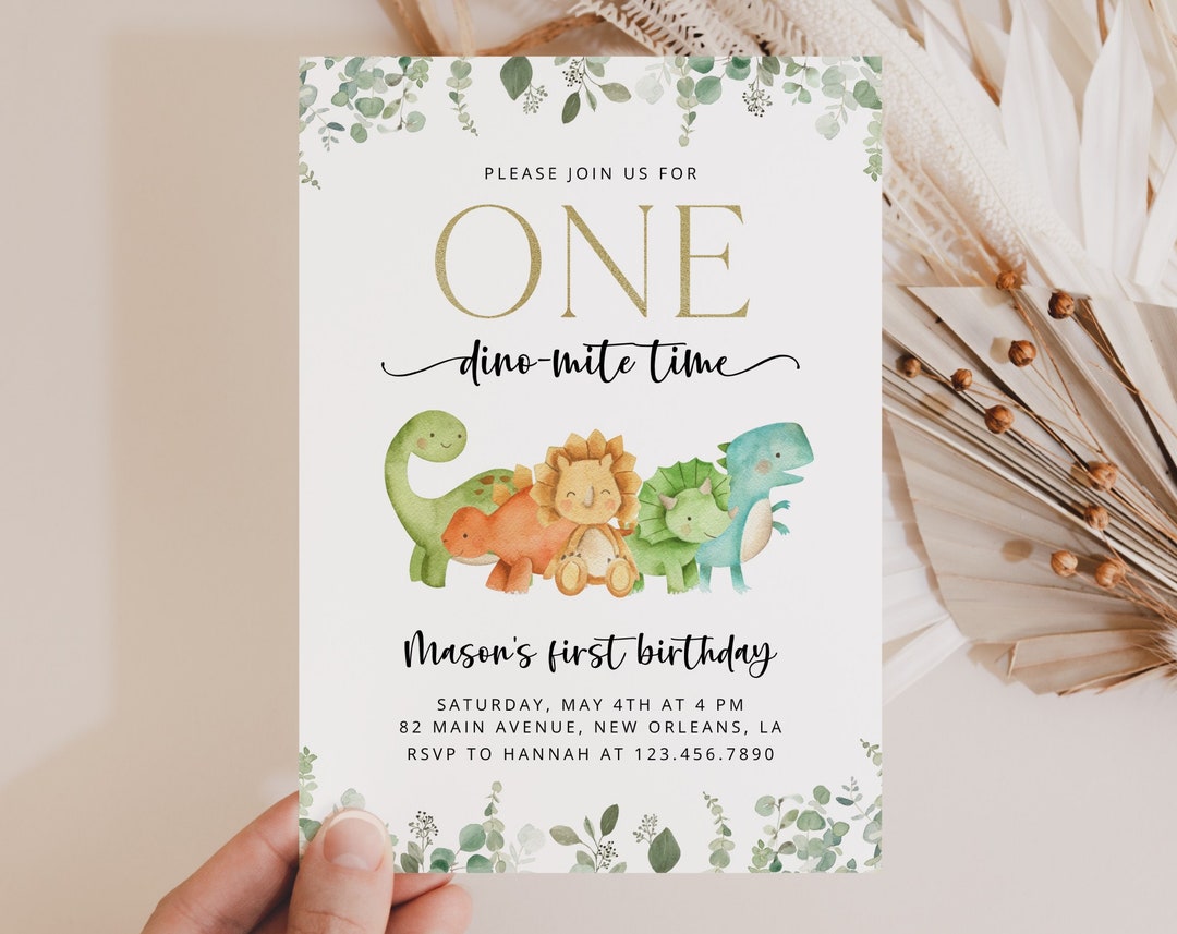 Cute Dinosaurs First Birthday Invitation, Dino-mite, T-rex Birthday ...
