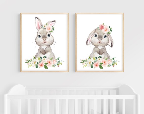 Bunny Nursery Prints Nursery Wall Art Set of 2 Rabbit Pink - Etsy