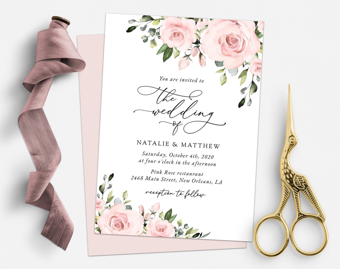 Floral Wedding Invitation Blush Flowers Pink Flowers | Etsy