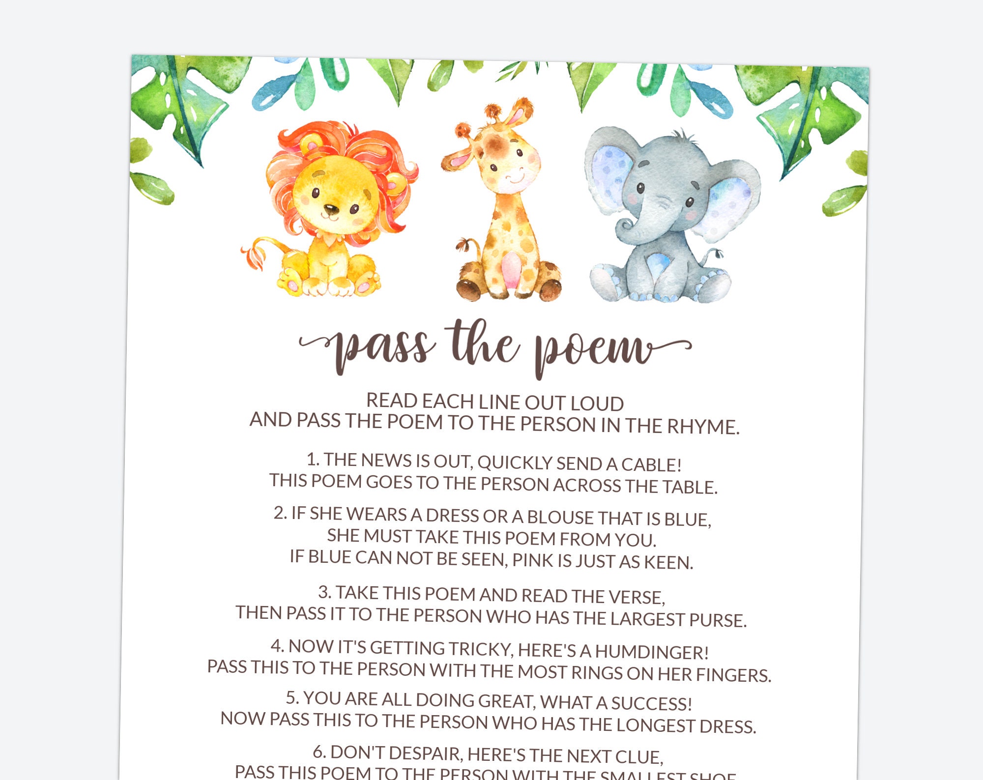 Safari Pass The Poem Jungle Animals Elephant Giraffe Lion | Etsy