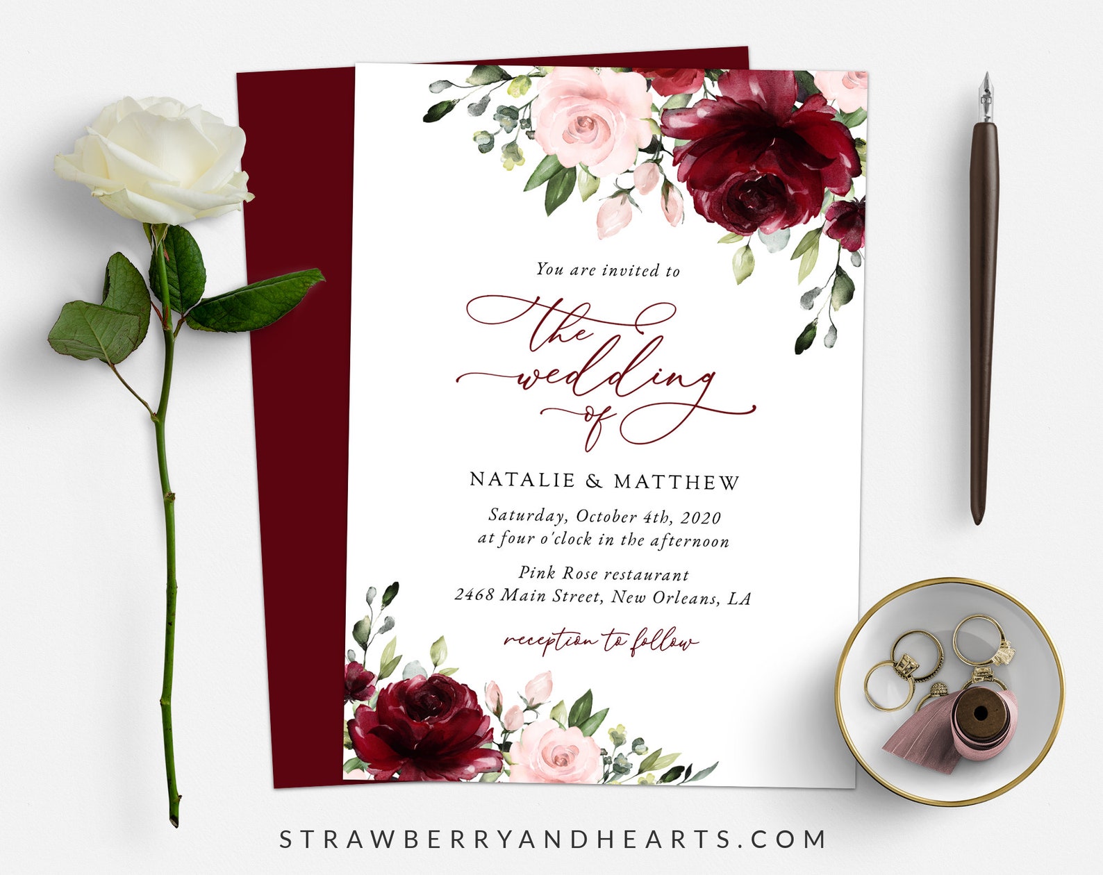 Floral Wedding Invitation Burgundy Flowers Pink Flowers | Etsy