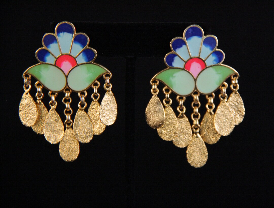 Mor Enamel Earrings/statement Pair/peacock Earrings/gold Dangling ...