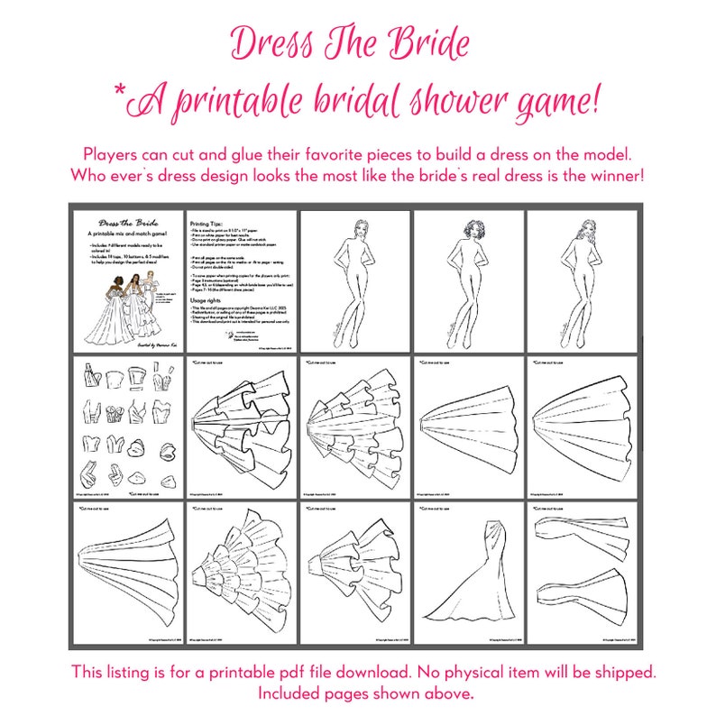Printable Bridal Shower Game, Design A Wedding Dress Game, Wedding ...