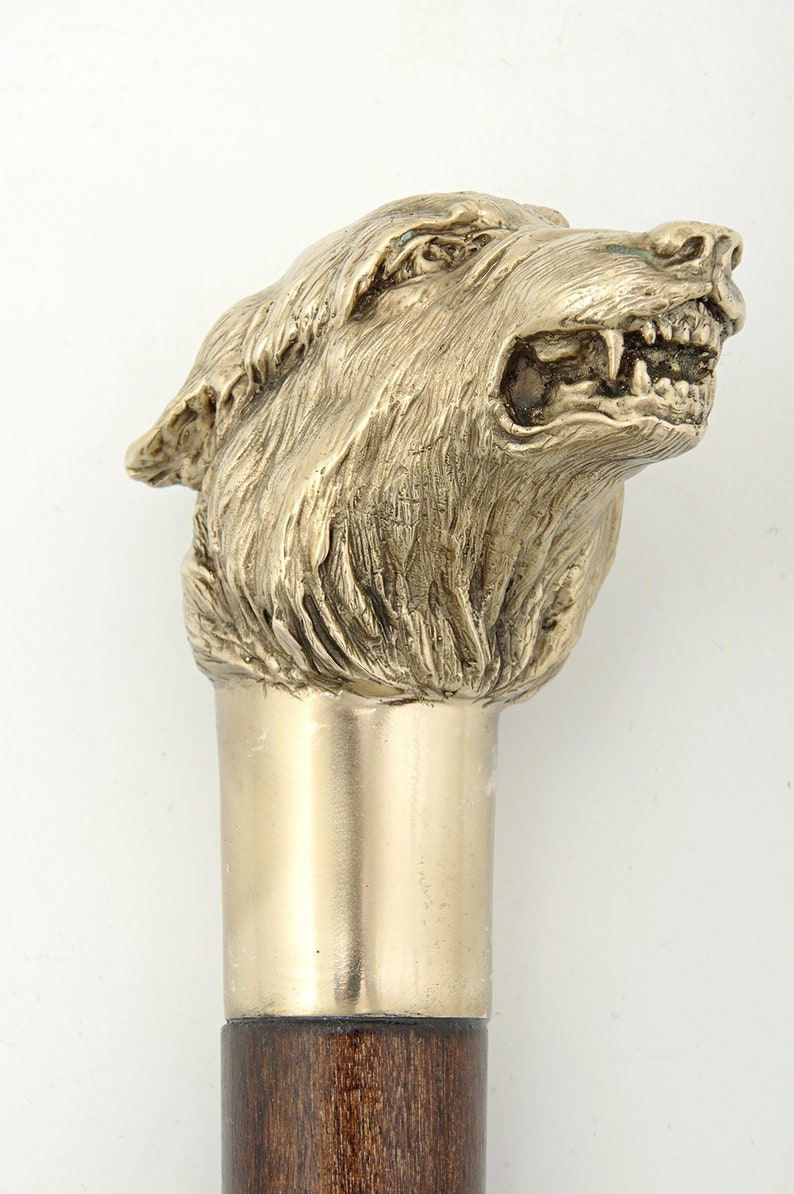 Сane and walking stick wolf brass wood. | Etsy