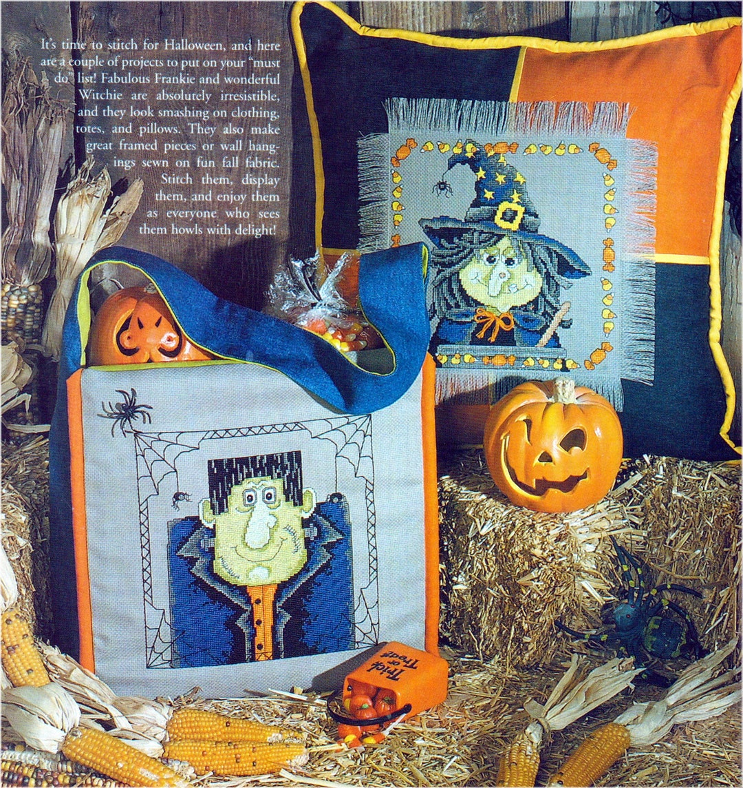 Halloween Witches Ghosts Vampires & Frankenstein Vintage Counted Cross ...