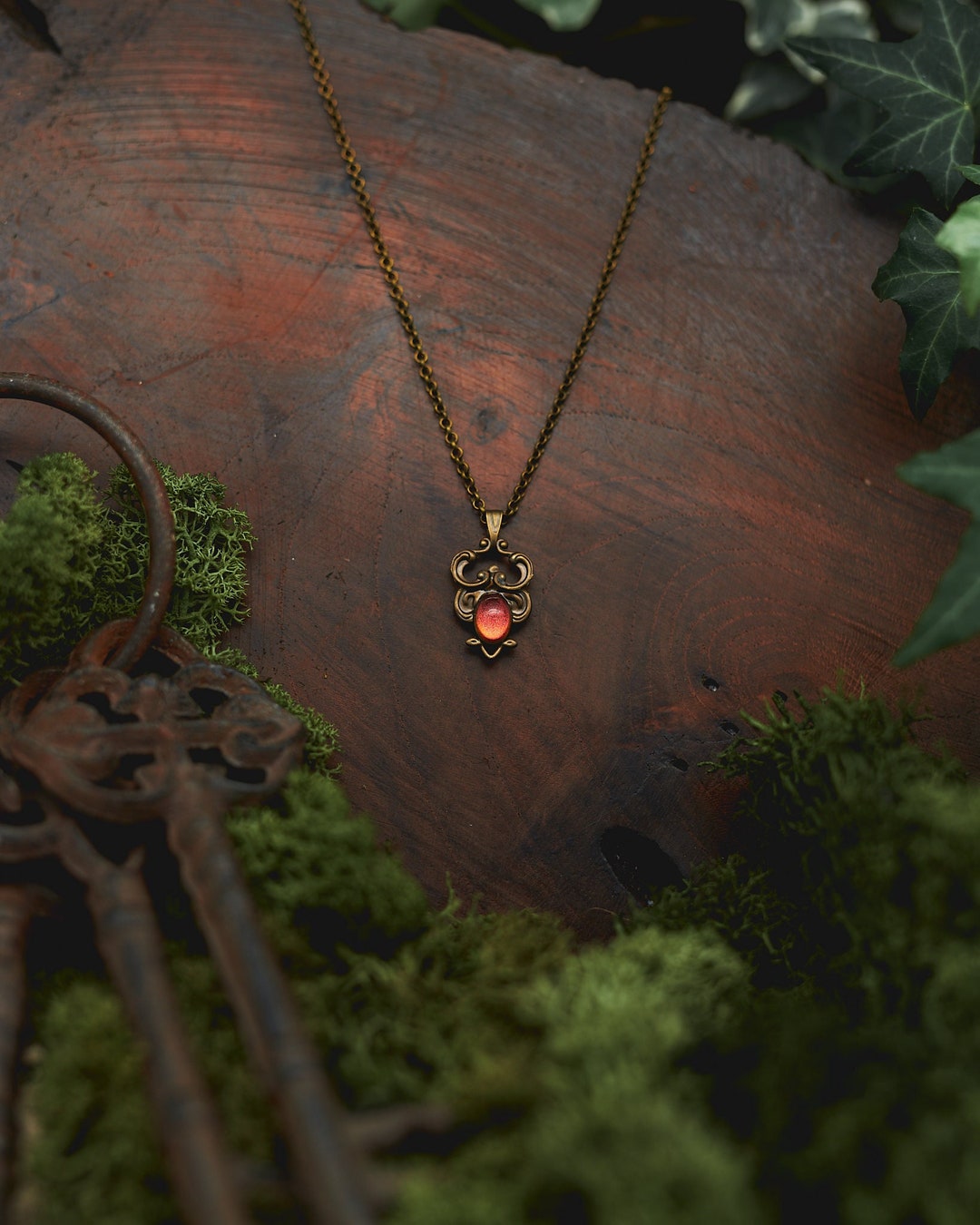 NECKLACE LITMUS STONES Orange, Bronze Pendant, Elven Jewelry, Elfic ...