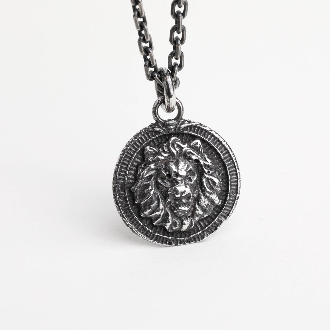 Man's Necklace Lion Head Coin Pendant in Oxidized Sterling Silver - Etsy