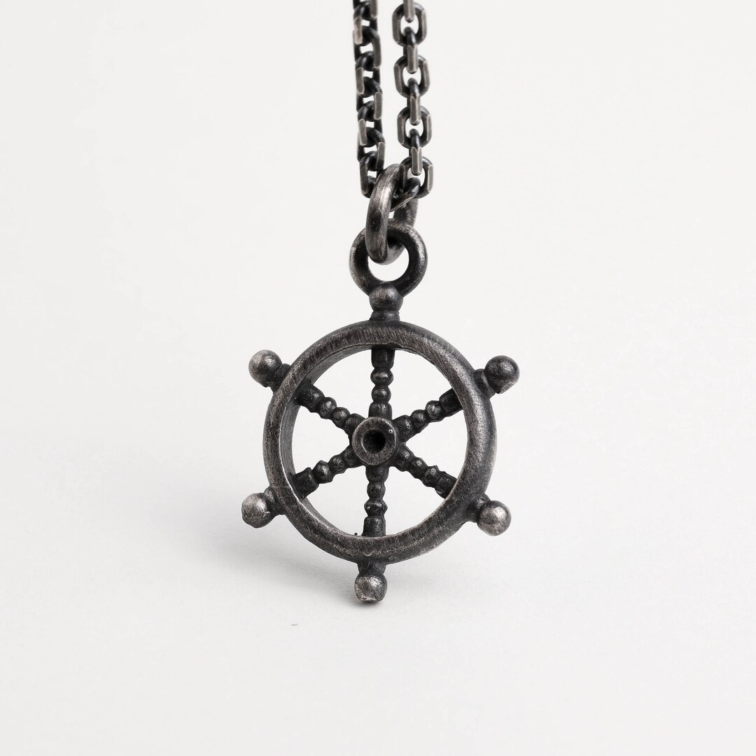 Man's Necklace Ship Wheel Pendant in Oxidized Sterling - Etsy