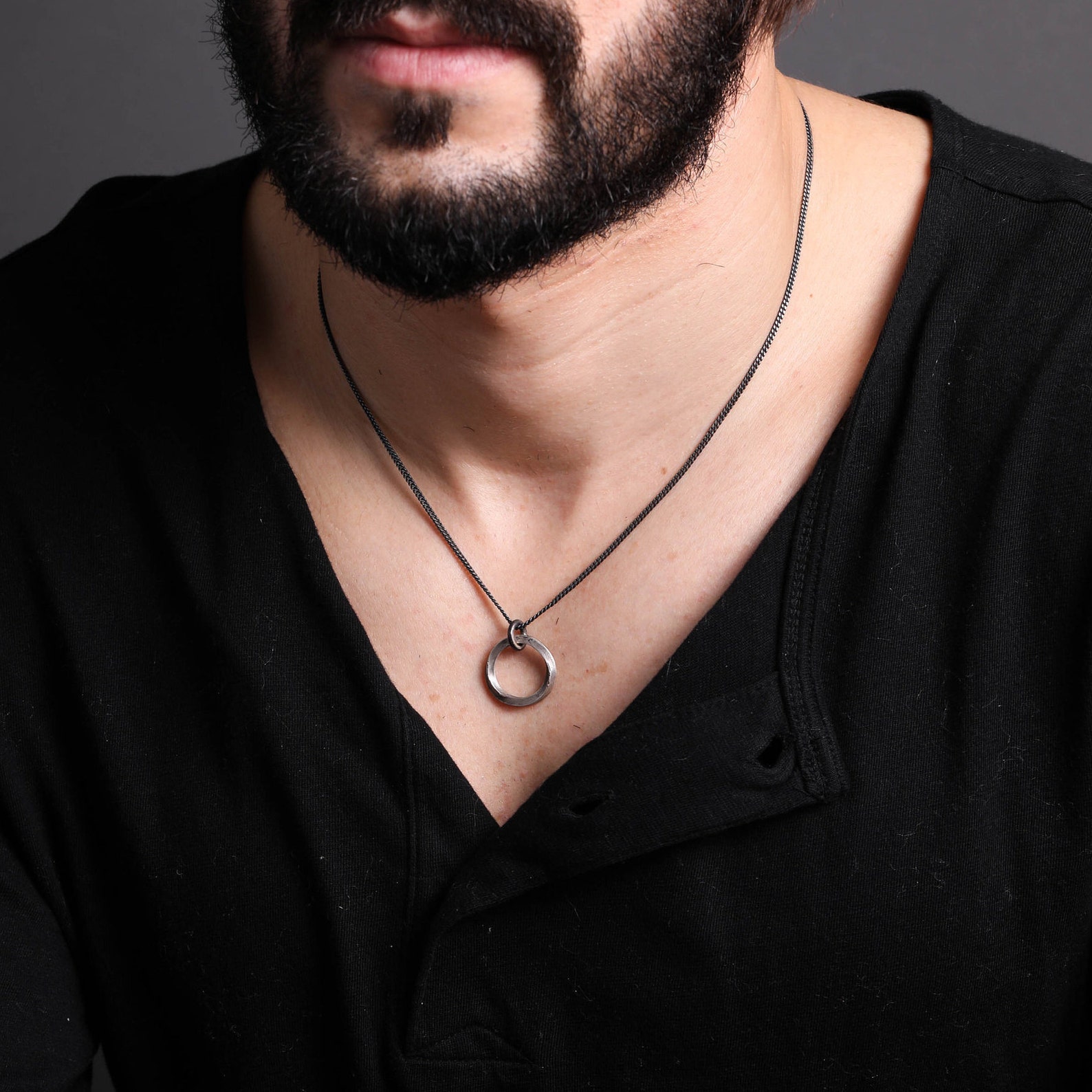 Mens Ring Pendant Necklace in Rustic Oxidized Sterling Silver - Etsy