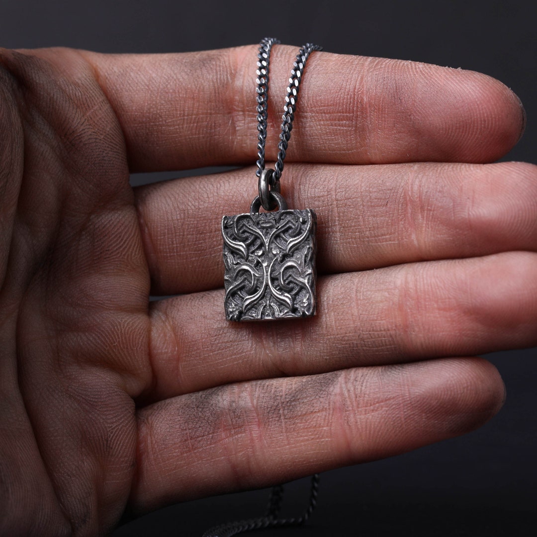 Men's Necklace Floral Square Pendant Handmade in Sterling Silver - Etsy