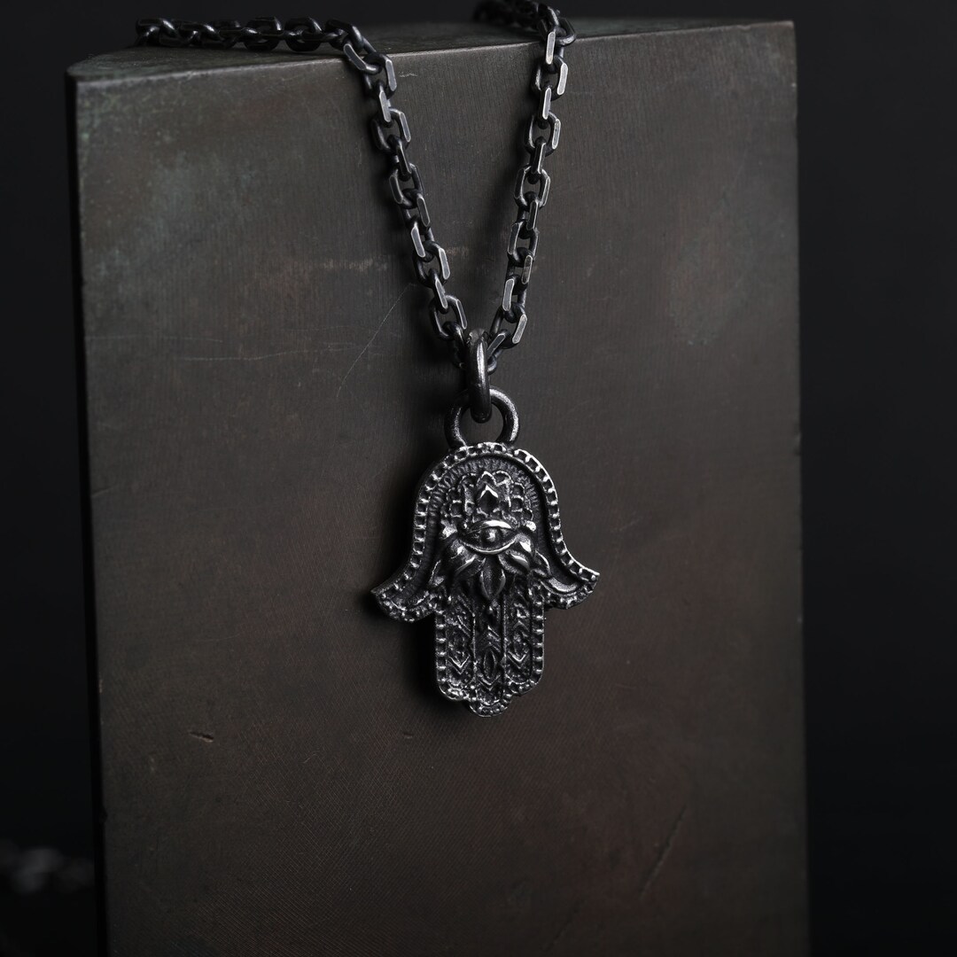 Man's Necklace Hamsa Hand of Fatima Pendant in Oxidized Sterling Silver ...