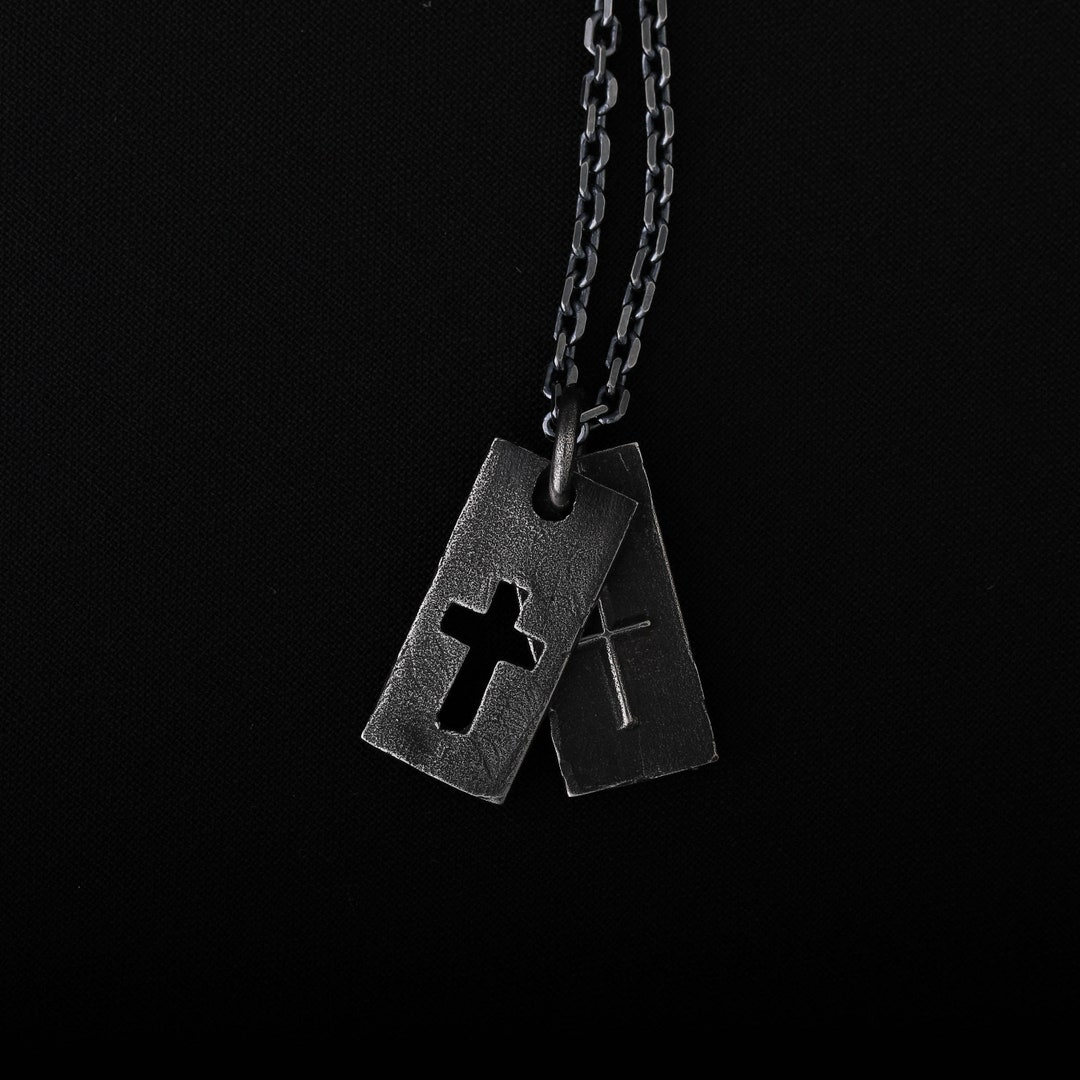 Men's Necklace Cross Tags Pendant Handmade in Sterling Silver - Etsy