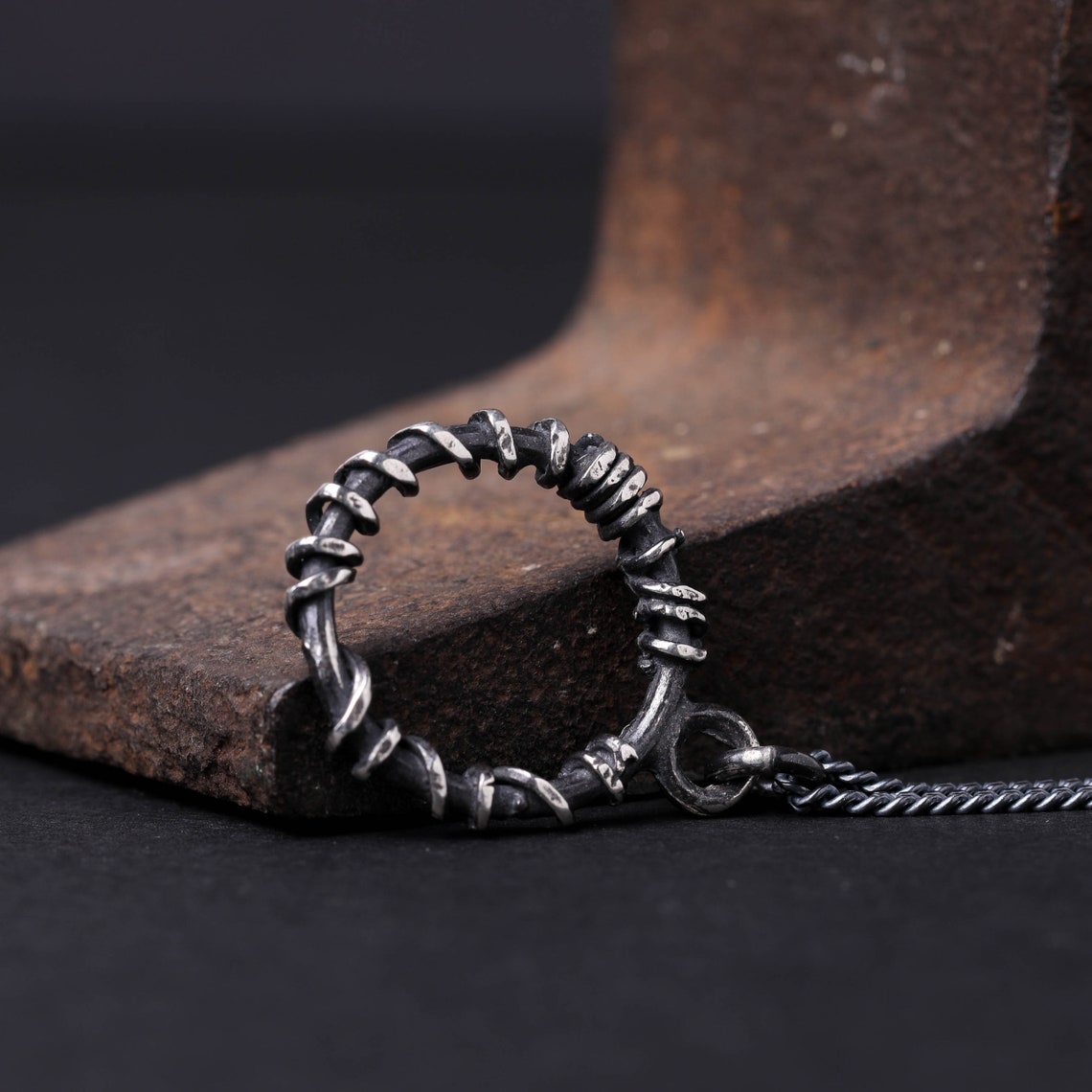 Mens Necklace Barbed Wire Ring Pendant in Solid Sterling - Etsy
