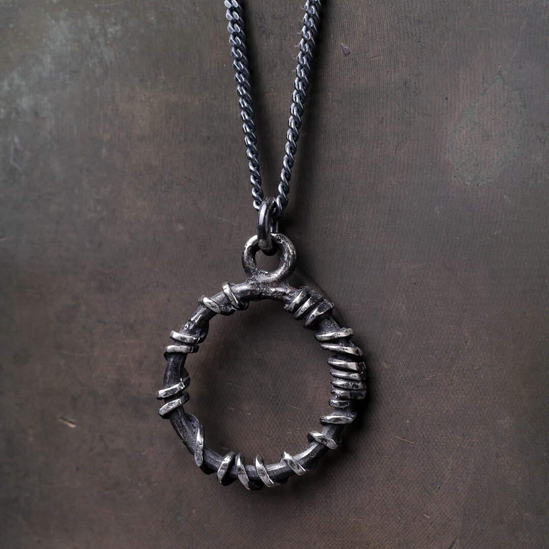 Mens Necklace Barbed Wire Ring Pendant in Solid Sterling Silver - Etsy