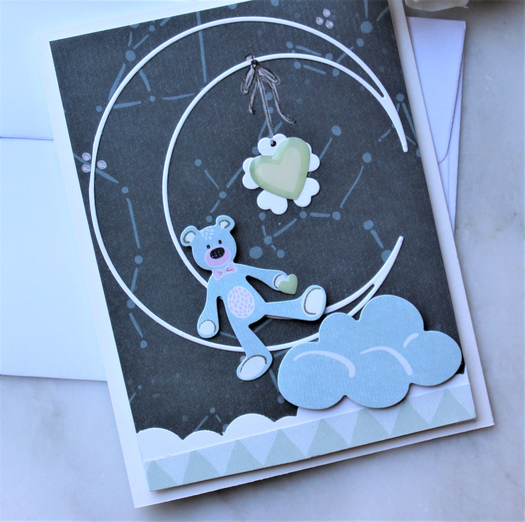 Teddy Bear and Moon Baby Boy Handmade Blank Card, Greeting Card, Baby ...