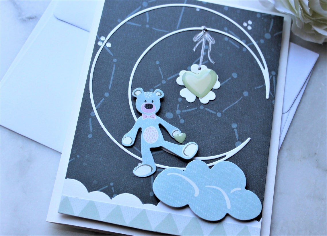 Teddy Bear and Moon Baby Boy Handmade Blank Card, Greeting Card, Baby ...