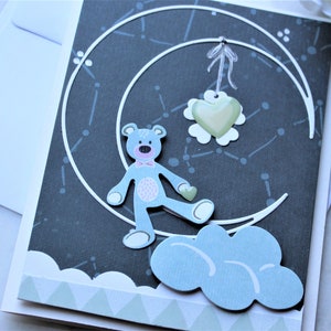 Teddy Bear and Moon Baby Boy Handmade Blank Card, Greeting Card, Baby ...