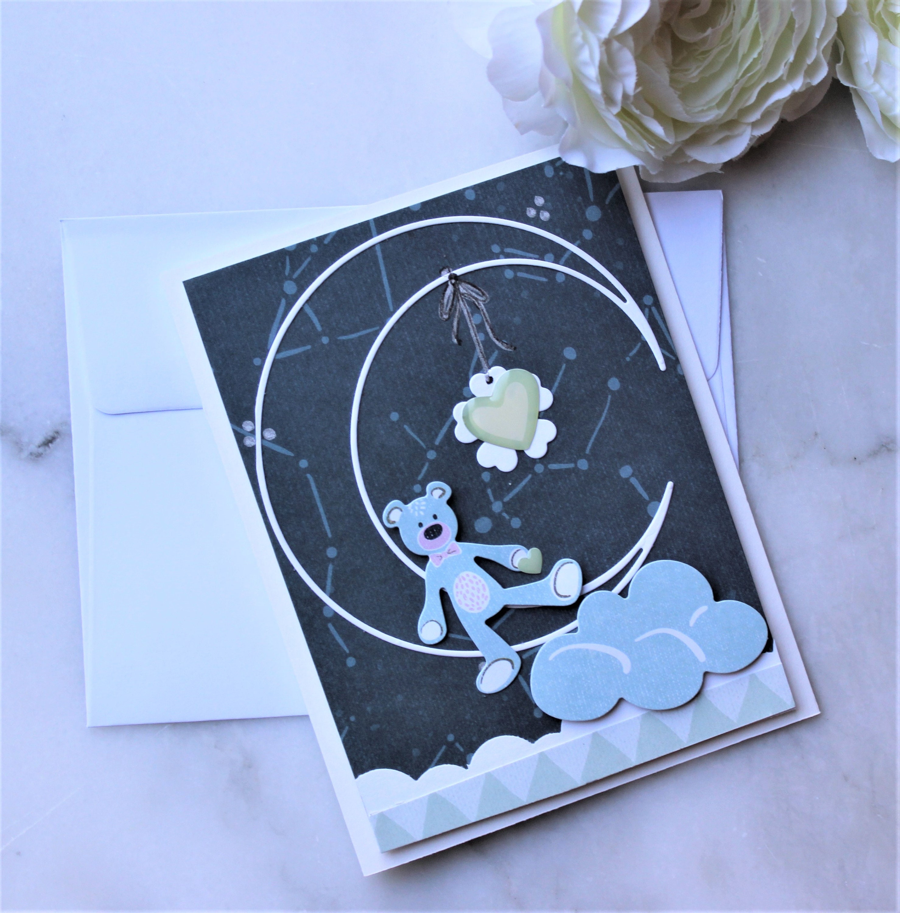 Teddy Bear and Moon Baby Boy Handmade Blank Card, Greeting Card, Baby ...