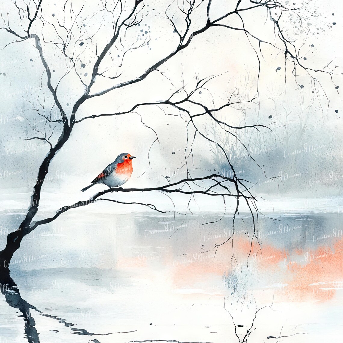 Red Winter Bird in a Snowy Winter Lake Scenery JPG Clipart Bundle ...