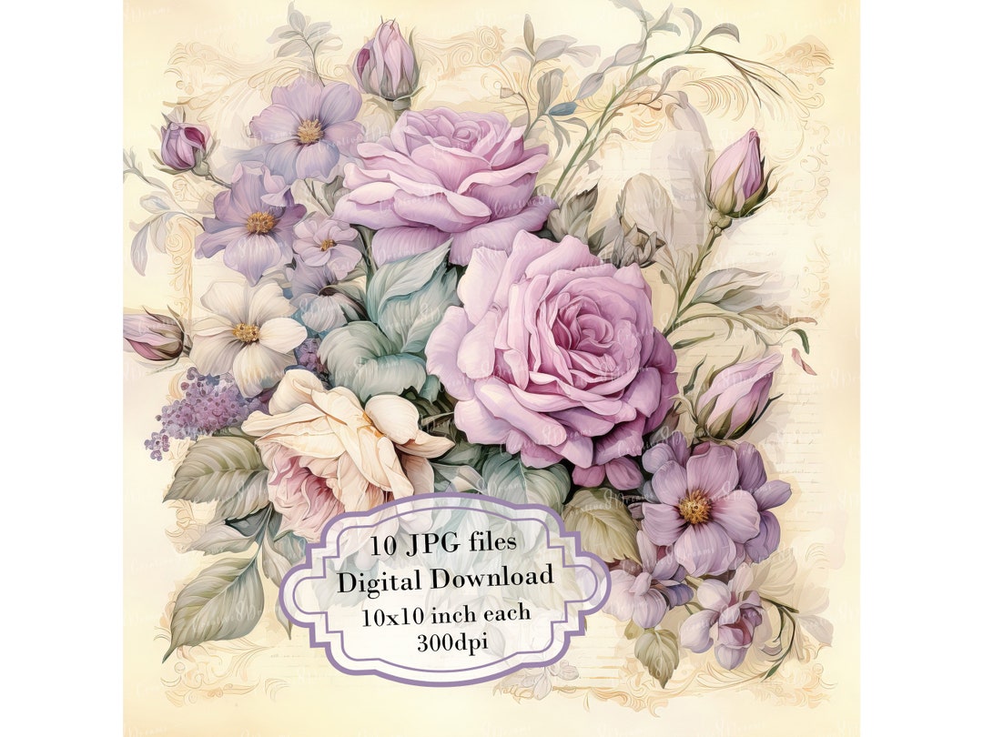 Shabby Chic Pastel Flowers on Antique Letter JPG Clipart Bundle ...