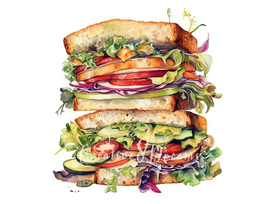 Veggie Sandwich Clipart Bundle- 10 High Quality Watercolor Jpgs- Vegan ...
