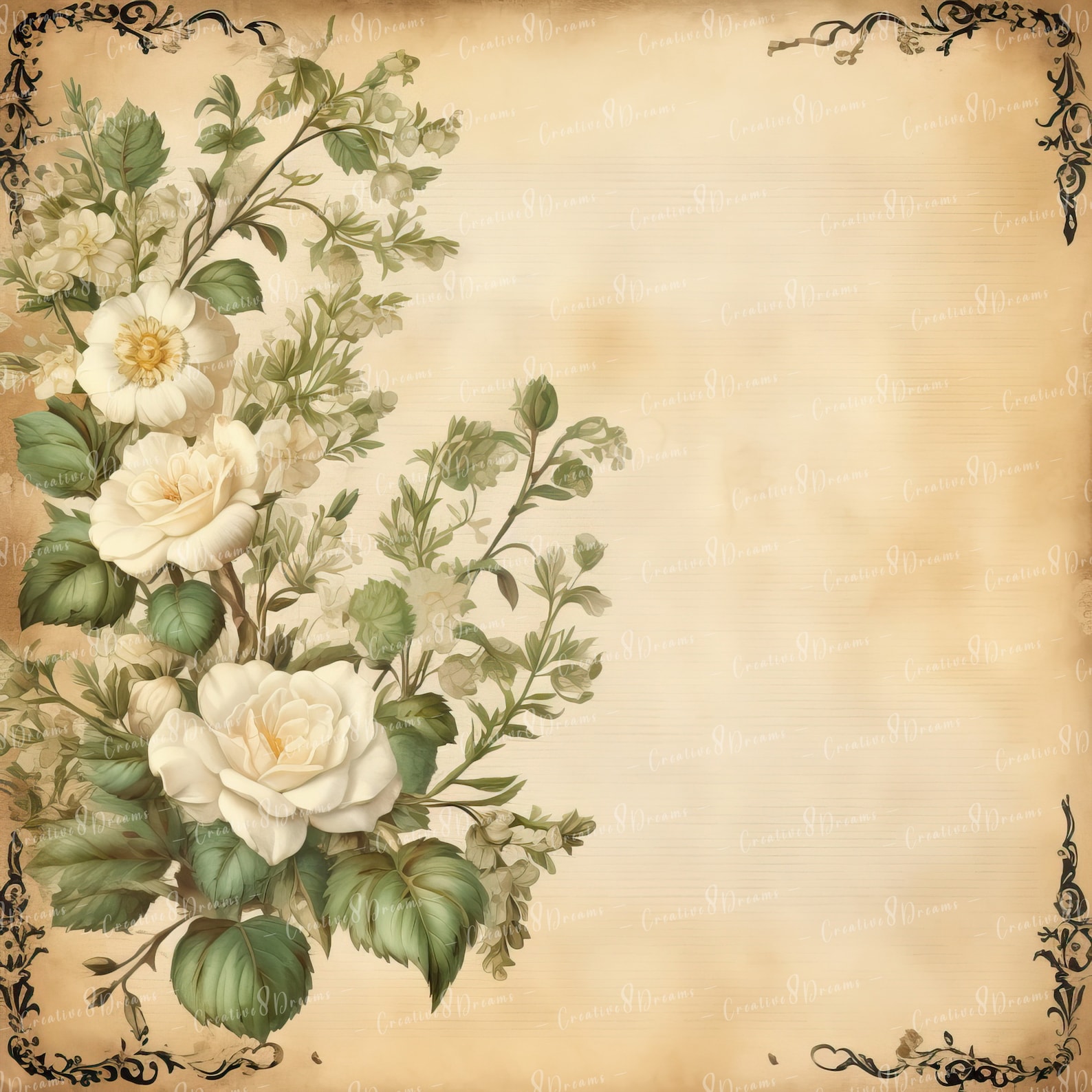 Vintage Aged Page With White Roses Clipart Bundle 10 High Quality ...