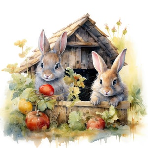 Little Bunnies in Vegetable Garden With Shack JPG Clipart Bundle ...