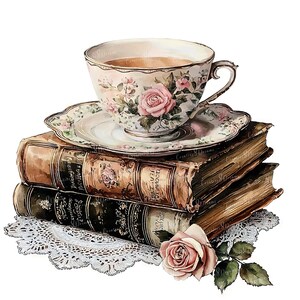 Vintage Teacup on Books With Pink Rose and Doily JPG Clipart Bundle ...