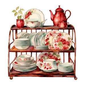 Retro Dish Drying Rack Clipart Bundle- 10 High Quality Watercolor Jpgs ...