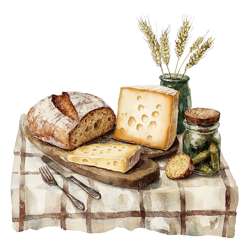 Rustic Bread and Cheese on a Tablecloth PNG Clipart Bundle- Digital ...