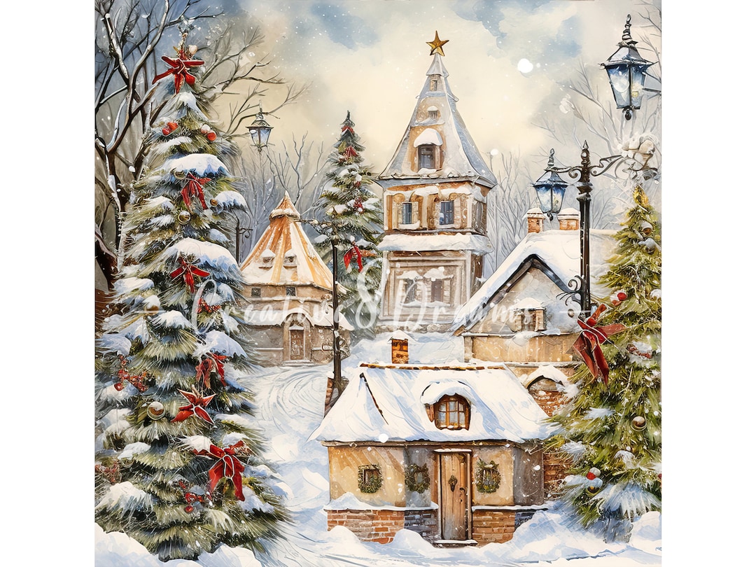 Vintage Snowy Christmas Village Clipart Bundle- 10 High Quality ...