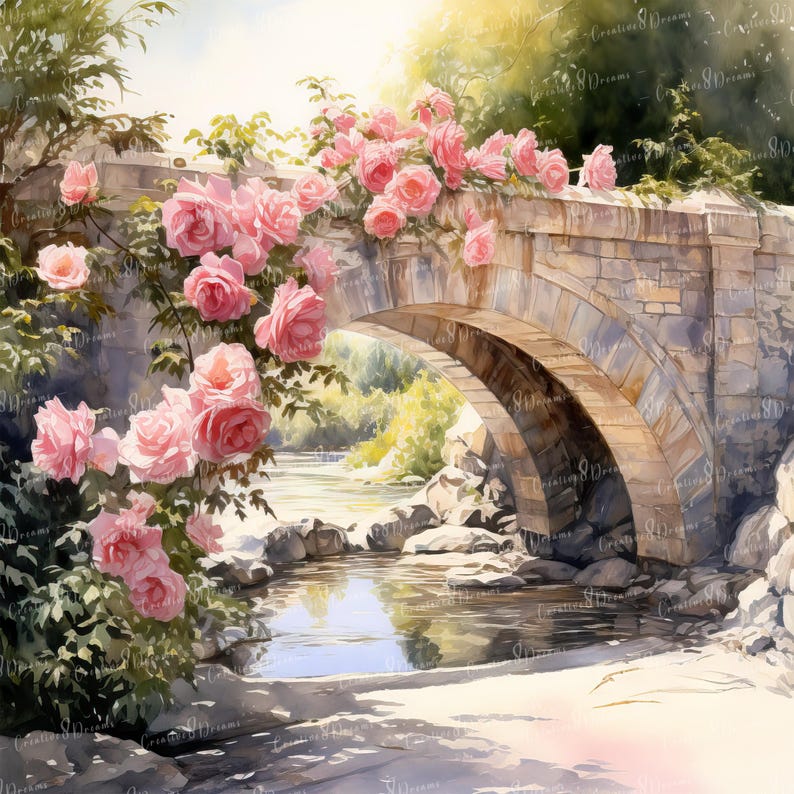 Shabby Chic Pink Roses on Stone Bridge Ruins JPG Clipart Bundle ...