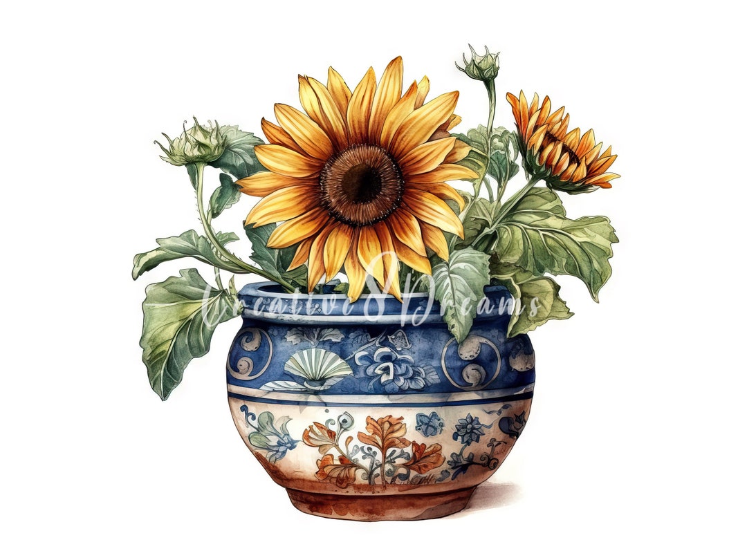 Sunflowers in Flower Pot Clipart Bundle- 10 High Quality Watercolor ...