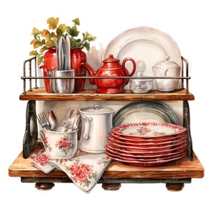 Retro Dish Drying Rack Clipart Bundle- 10 High Quality Watercolor Jpgs ...